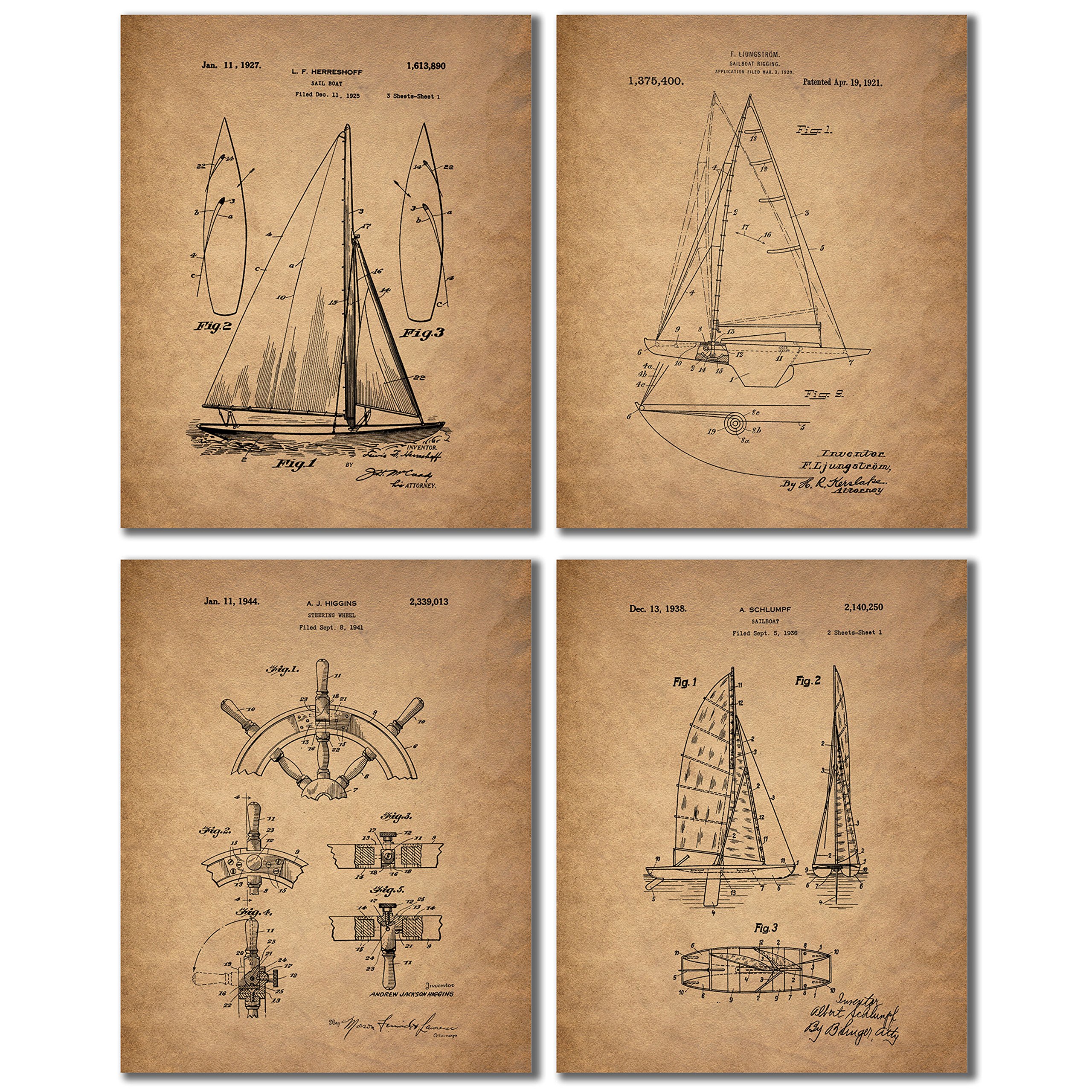 BigWig Prints Vintage Sailing Patent Prints - Sailboat Wall Art, Nautical Wall Decor, Sailboat Blueprint Art, Marine Patent Posters for Boat Lovers - Unframed Set of 4 (8x10)