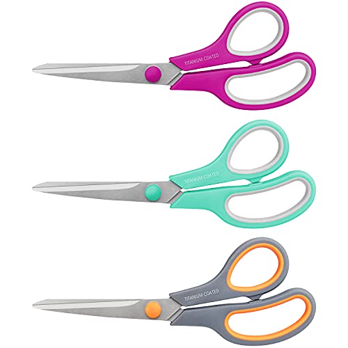 Scissors 8" Multipurpose Scissors Titanium Coated Sturdy Sharp Scissors Right/Left Handed Comfort-Grip Handles for Office Home School Sewing Fabric Craft Supplies 3 Pack