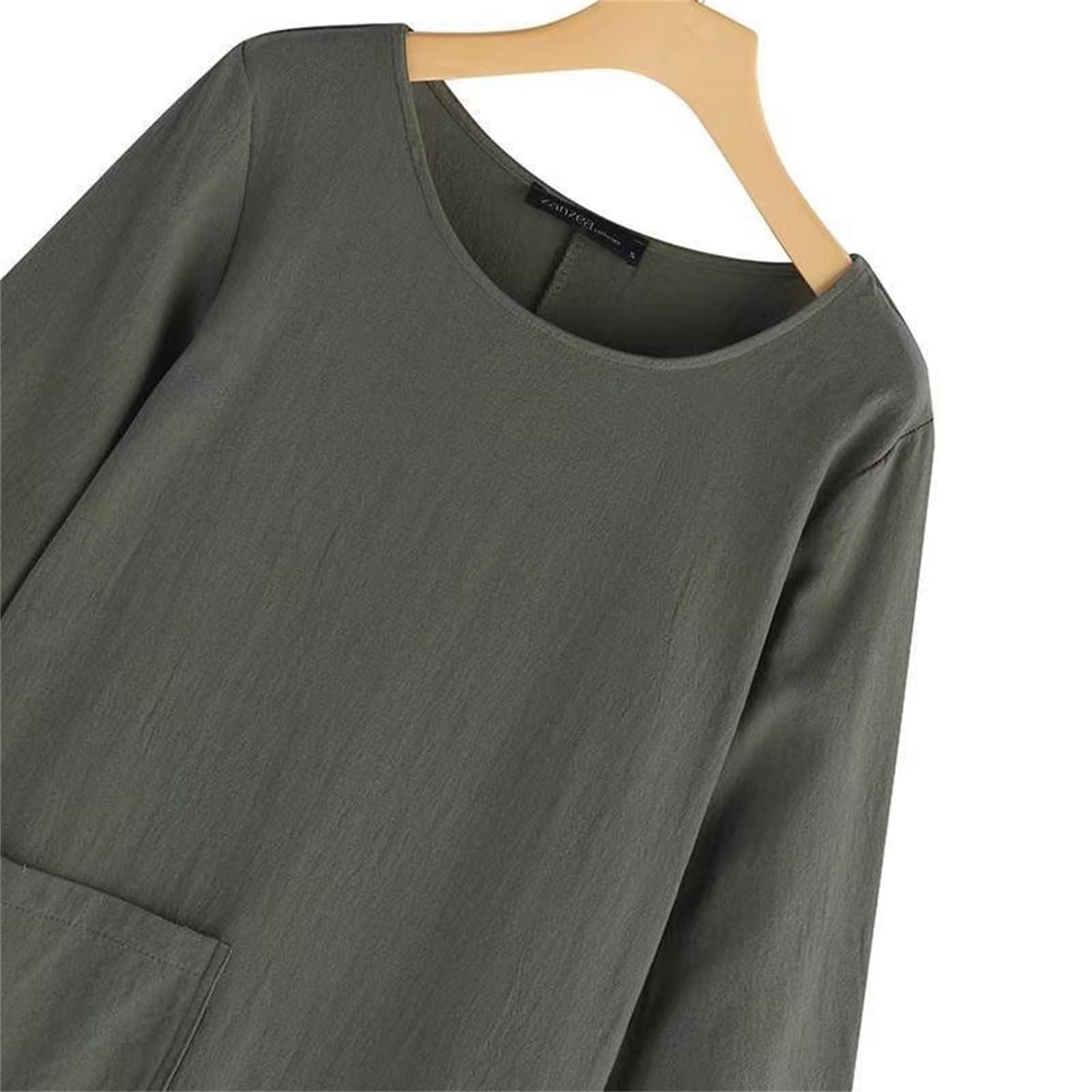 A Line Summer Dresses for Women 2023 Women Long Sleeve O Neck Solid Literary Retro Casual Dress with Pockets Army Green