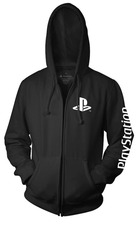 Ripple Junction Sony PlayStation Men's Full Zip Hooded Sweatshirt Iconic PS Logo & Sleeve Graphic Gamer Hoodie Black L