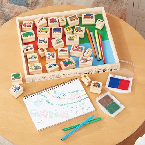 Melissa & Doug Deluxe Wooden Stamp and Coloring Set β Vehicles (30 Stamps, 6 Markers, 2 Durable 2-Color Stamp Pads)