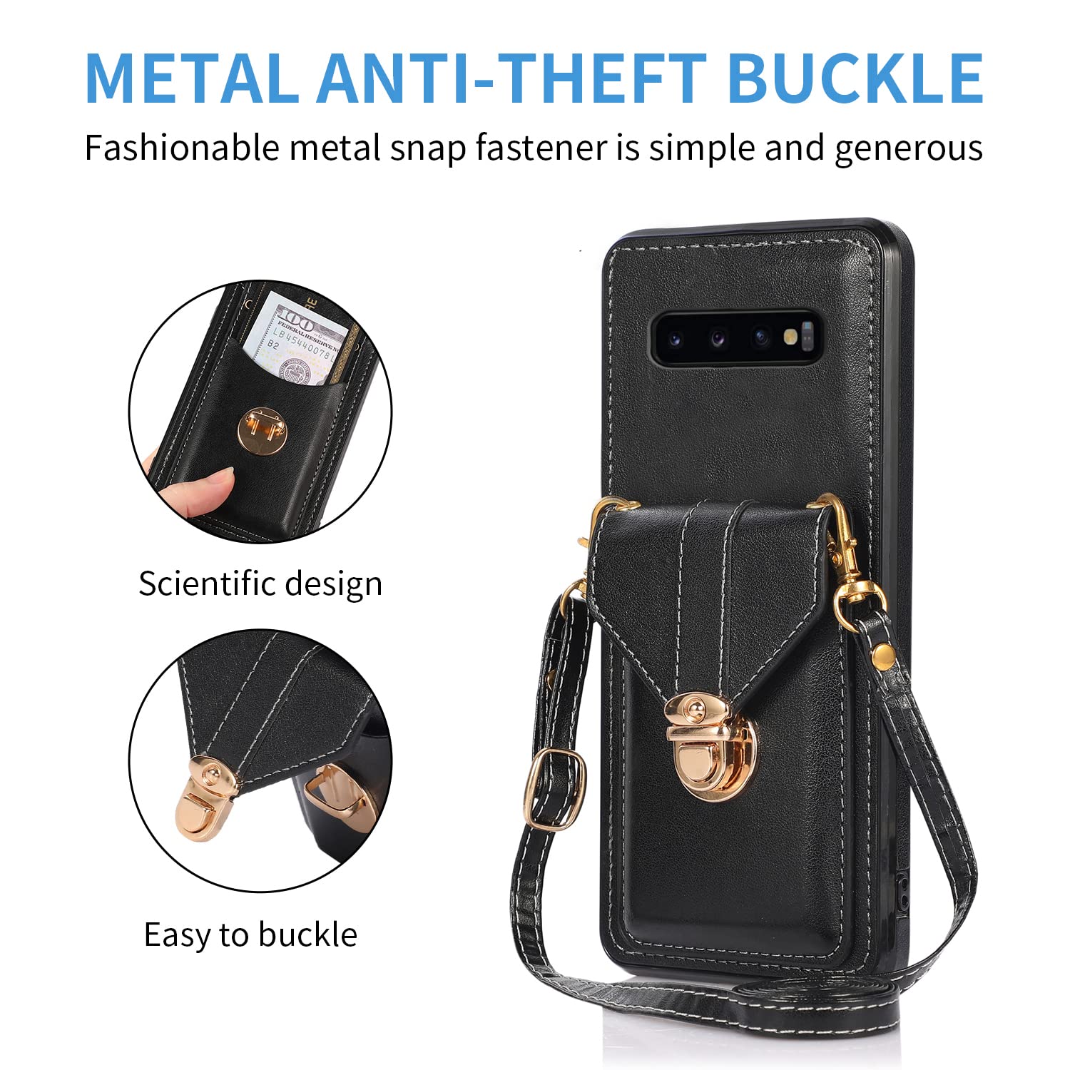 Furiet Compatible with Samsung Galaxy S10 Plus Wallet Cover with Crossbody Strap and Leather Card Holder Clasp Stand Flip Purse Shockproof Phone Cover for S10+ S10plus 10S Edge S 10 10plus Black