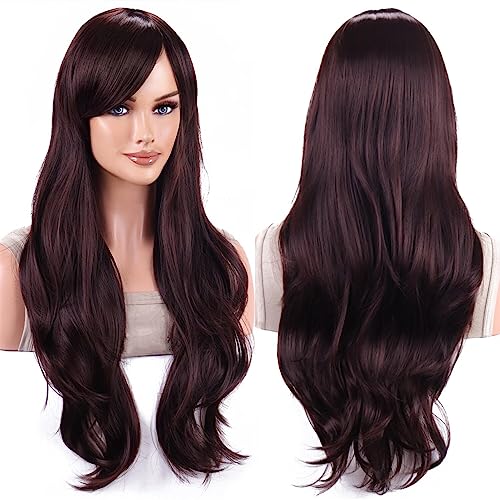 AneShe Wigs 28 Inch 70cm Long Curly Wavy Hair Wig Heat Resistant Cosplay Wig with Wig Cap (Dark Brown)