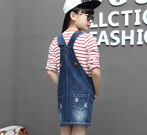 KIDSCOOL SPACE Girls Bibs Pocket Adjustable Straps Casual Jean Overall Dress,Blue,6-7 Years