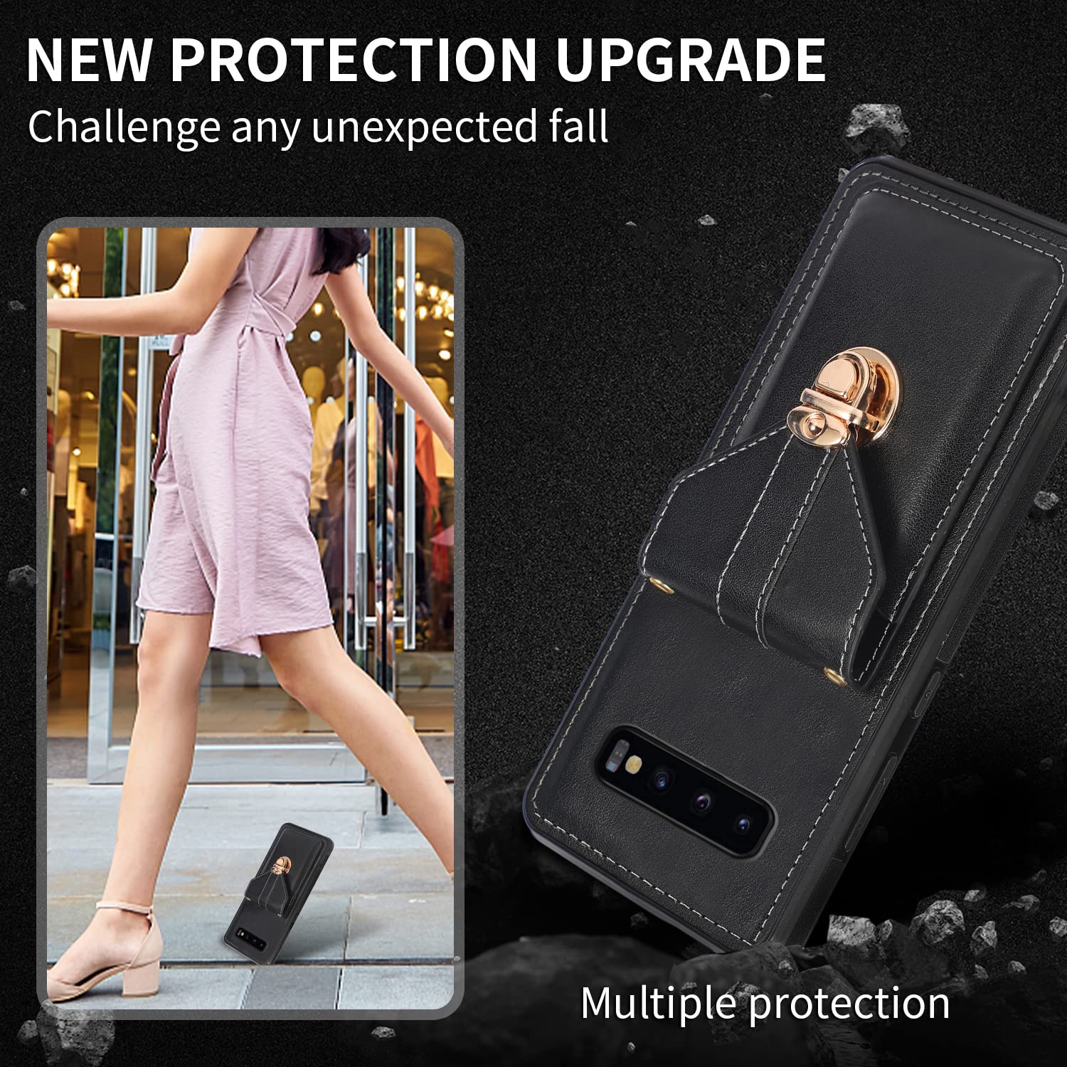 Furiet Compatible with Samsung Galaxy S10 Plus Wallet Cover with Crossbody Strap and Leather Card Holder Clasp Stand Flip Purse Shockproof Phone Cover for S10+ S10plus 10S Edge S 10 10plus Black