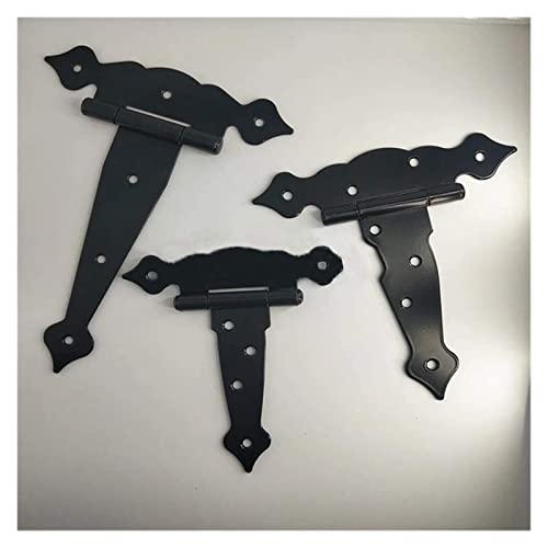 Garden Gate Hinges,Tee Shed Hinge, 2pcs Black T-Shaped Heavy Duty Door Hinges, Flower-Shaped Decorative Strap Hinges Barn Door Wooden Fence Gate Hinges with Screws