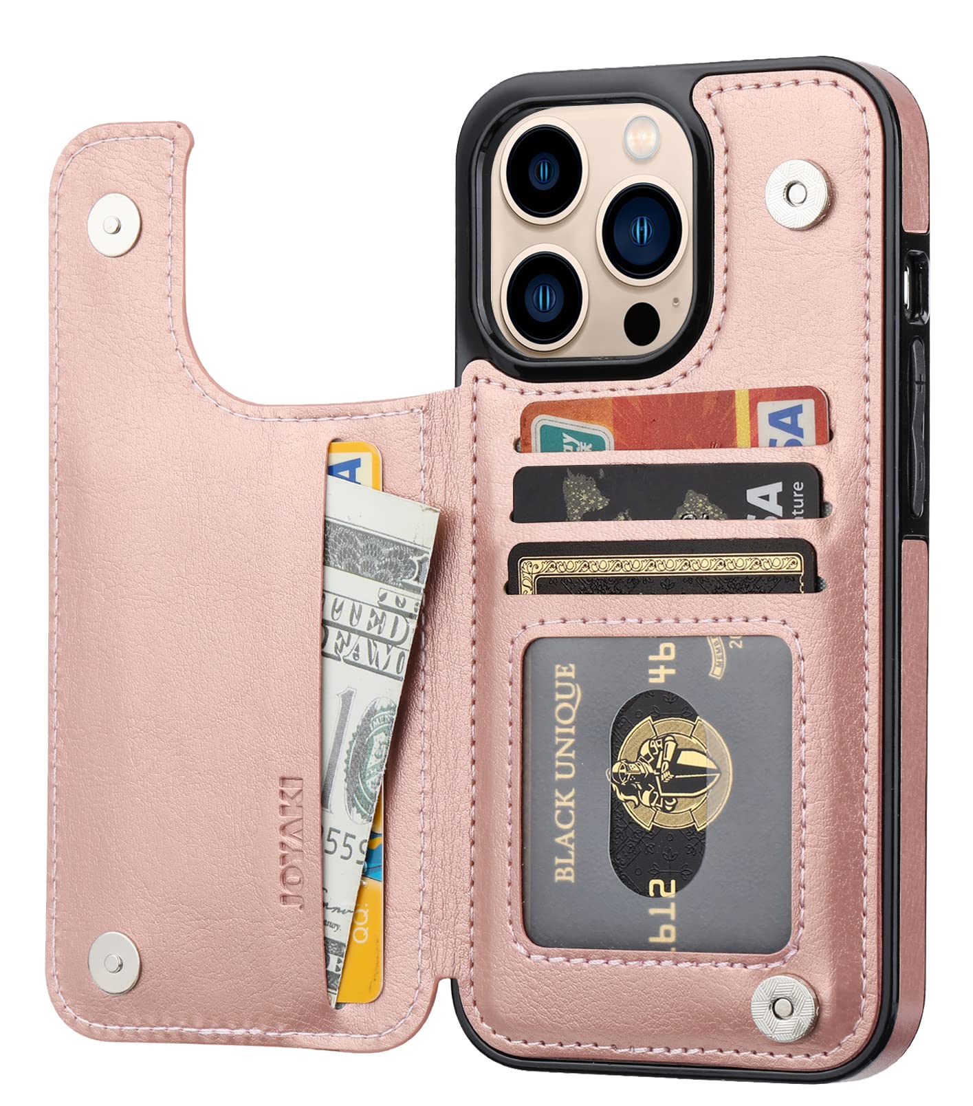 JOYAKI Wallet Case Compatible with iPhone 13 Pro Max,Slim Protective case with Card Holder,PU Leather Kickstand Card Slots Case with a Free Screen Protective Glass for iPhone 13 Promax(6.7")-Rose Gold