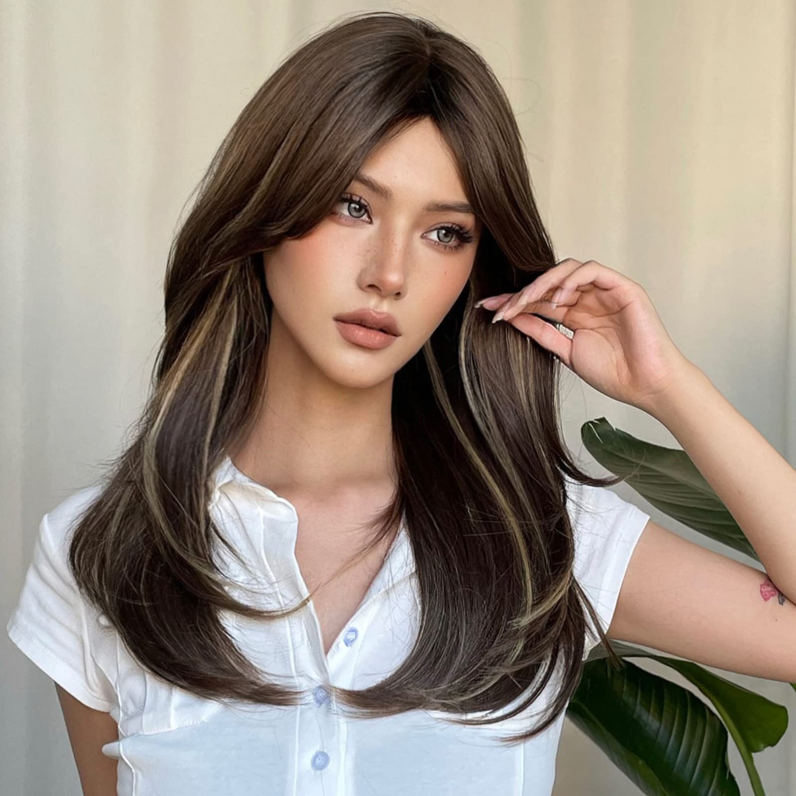 HAIRCUBE Long Brown Wigs for Women Layered Synthetic Hair Wig with Highlight