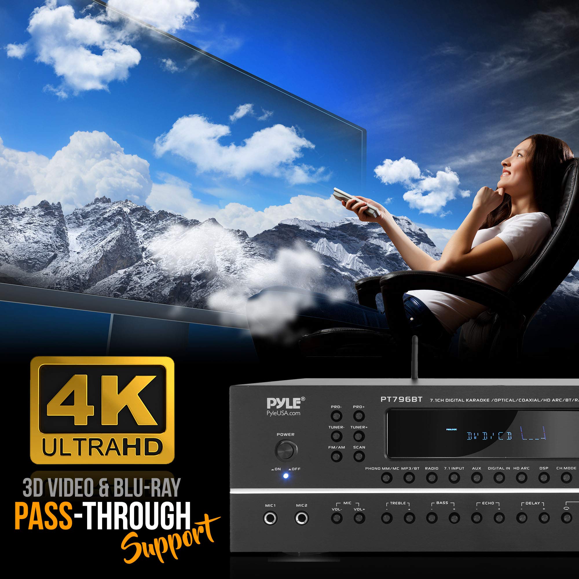 Pyle 7.1-Channel Hi-Fi Bluetooth Stereo Amplifier - 2000 Watt AV Home Theater Speaker Subwoofer Surround Sound Receiver w/Radio, USB, RCA, HDMI, MIC in, Supports 4K UHD TV, 3D, Blu-Ray -PT796BT