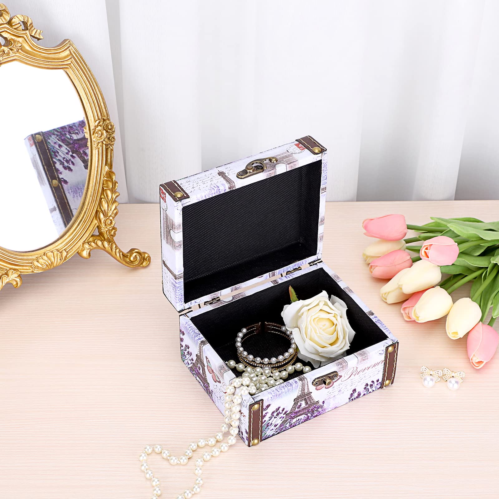 ELLDOO Decorative Treasure Chest Box, Wooden + PU Leather Storage Box for Jewelry Trinkets, Keepsakes box for Girls Women Gifts (Tower Pattern)