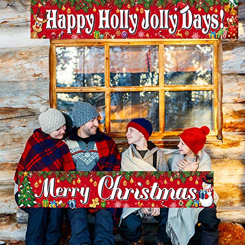 2 Pack Merry Christmas Banner Xmas Decorations Welcome Red Christmas Porch Banners Poster for Home Wall Indoor Holiday Party Winter Decor