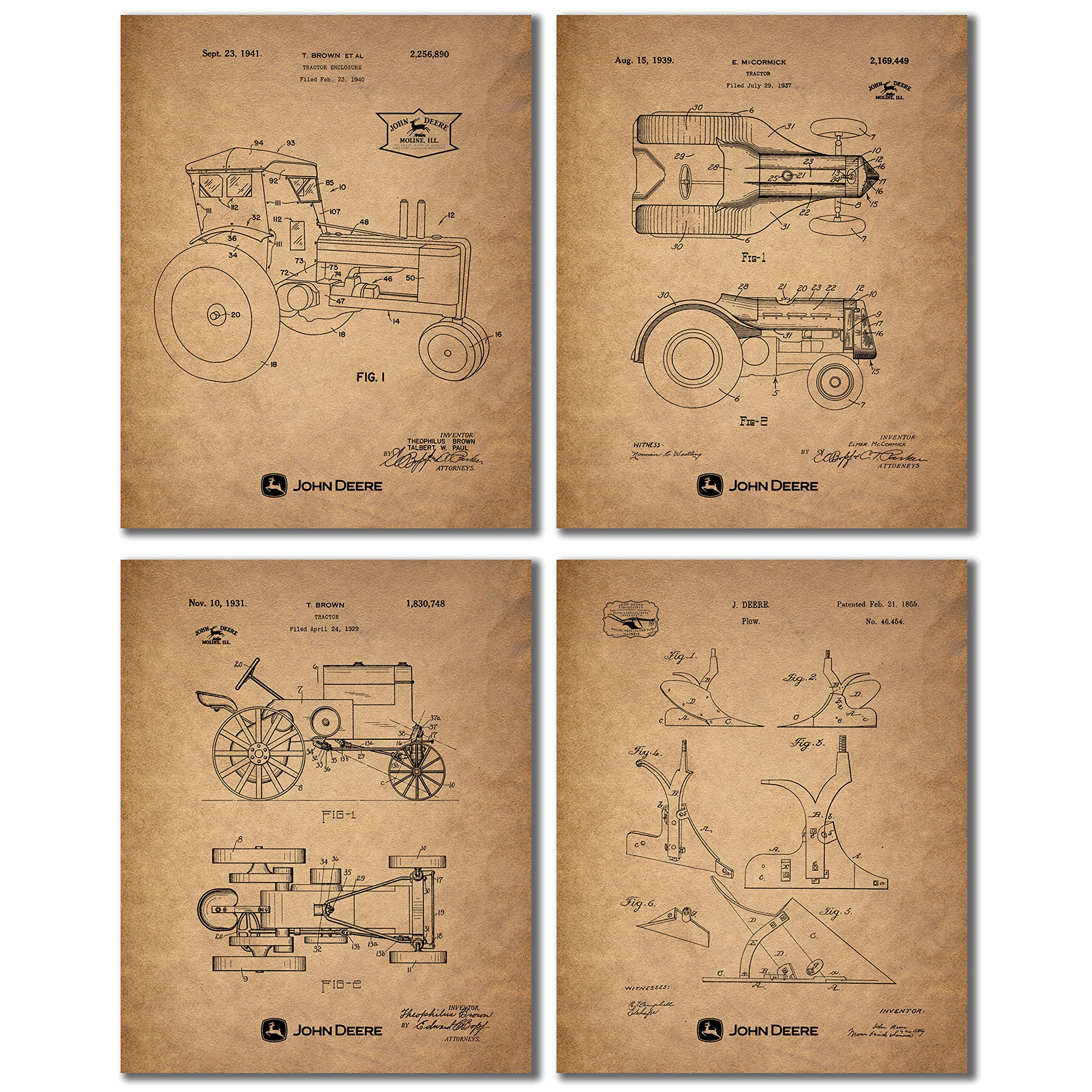 Bigwig Prints John Deere Patent Wall Art - Vintage Tractor and Plow Prints, Farmhouse Decor, Antique Tractor Posters, Rustic Wall Art for Home or Office - Unframed Set of 4 (8x10")
