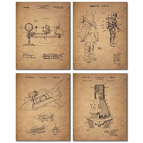 BigWig Prints Space Patent Wall Art - Vintage Space Posters, Aerospace Blueprint Decor, Art for Vintage Aesthetic Rooms, NASA Inspired Gifts - Unframed Set of 4 (8x10)