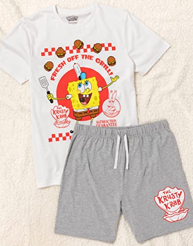 SpongeBob SquarePants Mens Pajama Set | Adults Short Sleeve T-Shirt & Shorts PJs | Krusty Krab Burger Loungewear | 90s Gift White