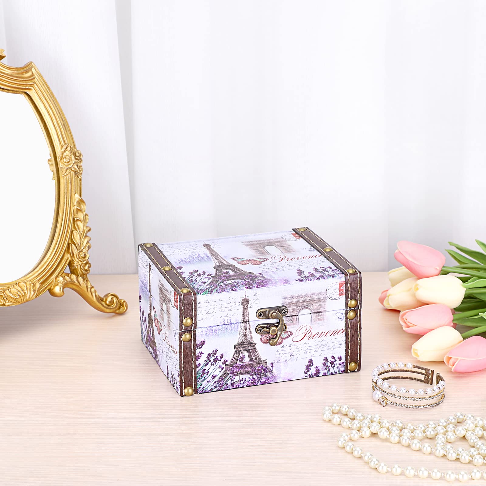 ELLDOO Decorative Treasure Chest Box, Wooden + PU Leather Storage Box for Jewelry Trinkets, Keepsakes box for Girls Women Gifts (Tower Pattern)