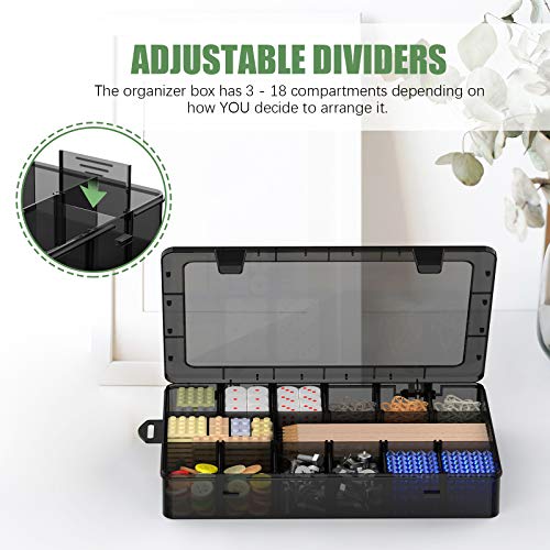 18 Grids Plastic Organizer Storage Box for Washi Tape, Tackle Box Organizer, Clear Black Spill Proof Container Jewelry Box with Adjustable Removable Dividers for Beads Art DIY Crafts