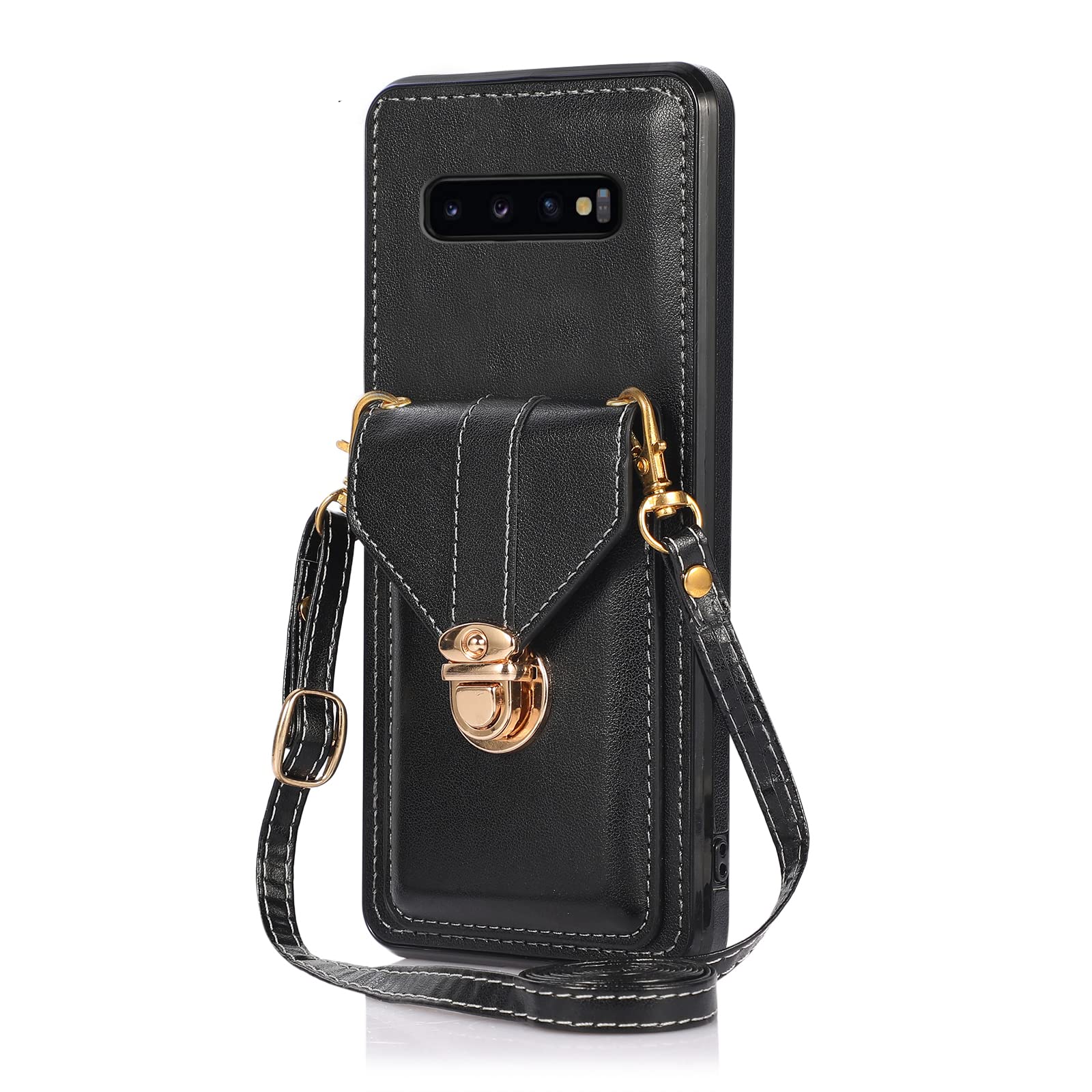Furiet Compatible with Samsung Galaxy S10 Plus Wallet Cover with Crossbody Strap and Leather Card Holder Clasp Stand Flip Purse Shockproof Phone Cover for S10+ S10plus 10S Edge S 10 10plus Black