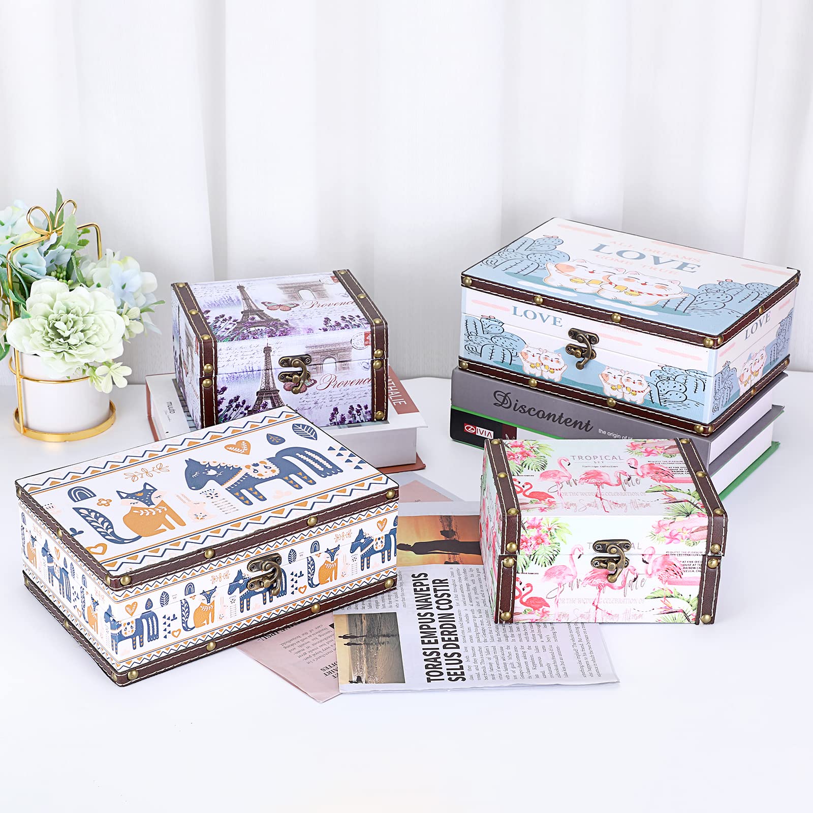 ELLDOO Decorative Treasure Chest Box, Wooden + PU Leather Storage Box for Jewelry Trinkets, Keepsakes box for Girls Women Gifts (Tower Pattern)
