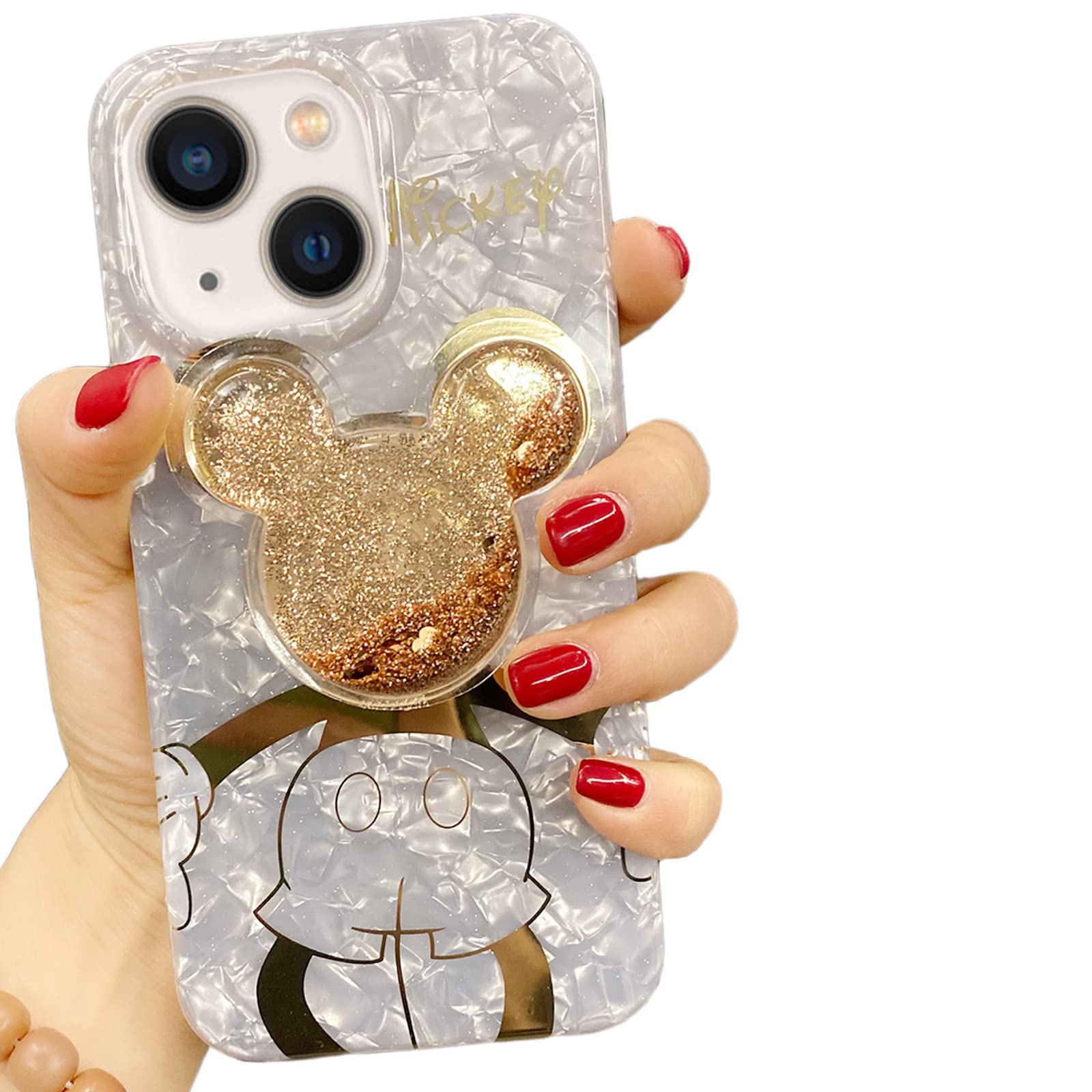 Jerisln Case for iPhone 13 Luxury Glossy Micky with Quicksand Cell Phone Holder Soft TPU Shockproof Protective Case for Girls Women Glitter Pearly-Lustre Shell(iPhone 13 Micky 6.1''),Golden/Micky