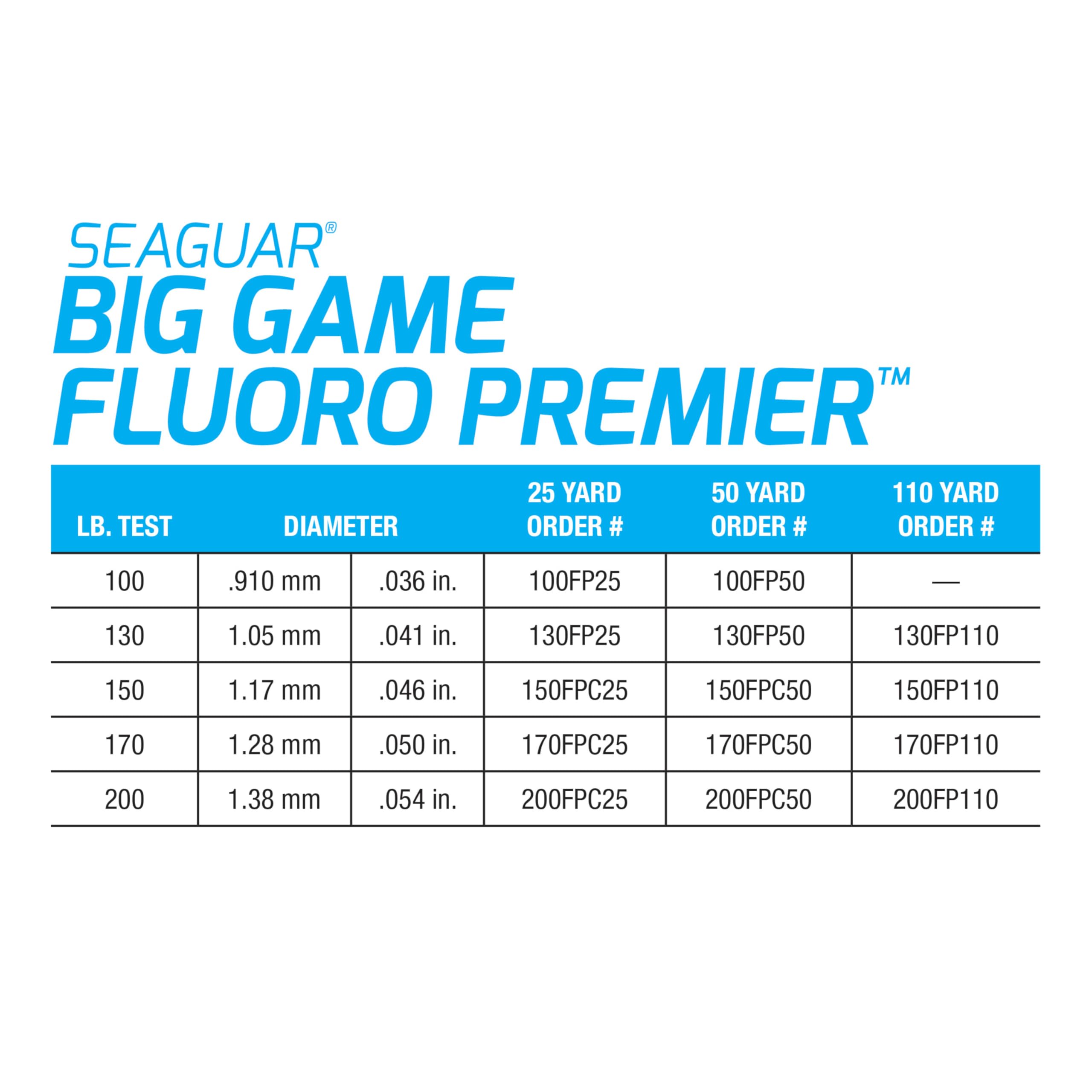 Seaguar Fluoro Premier 100% Fluorocarbon Fishing Line DSF, 100lbs, 50yds Break Strength/Length - 100FP50