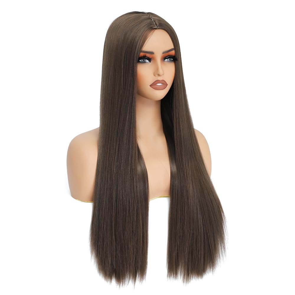 X-TRESS Long Straight Wigs Ash Brown Color Middle Part Brown Wig 28 inch Synthetic Wig for Daily Party