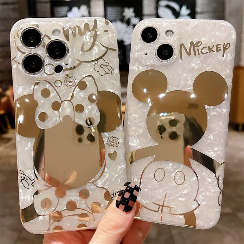Jerisln Case for iPhone 13 Luxury Glossy Micky with Quicksand Cell Phone Holder Soft TPU Shockproof Protective Case for Girls Women Glitter Pearly-Lustre Shell(iPhone 13 Micky 6.1''),Golden/Micky