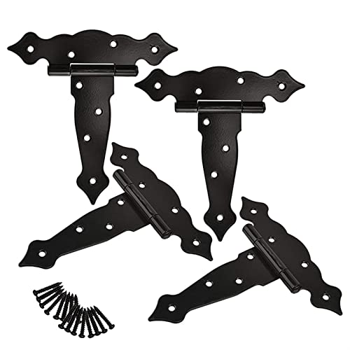 Heavy Duty Hinge,Long Strap T Hinge, 4pc 6 Inch T-Shaped Flower Hinge, Slotted Bearing Door Paint Hinge for Wood Fence Decoration Classic Hinge with Screws Hinges