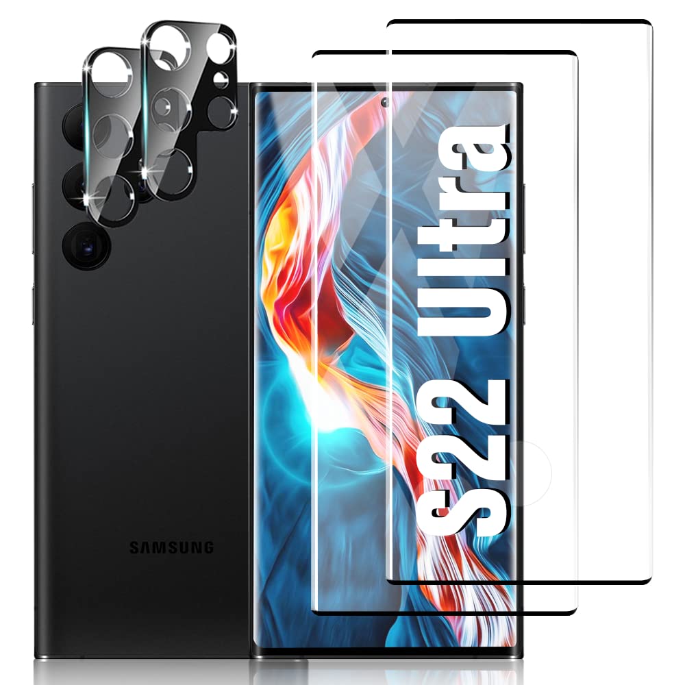 [2+2 Pack] Galaxy S22 Ultra Glass Screen Protector and Camera Lens Protector, 9H Tempered Glass, Fingerprint Unlock, HD Clear, Case Friendly for Samsung Galaxy S22 Ultra Screen Protector (6.8 Inch)