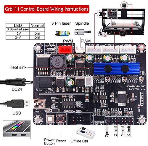 2 in 1 5500mW Engraver CNC 3018 Pro Engraving Machine, GRBLControl PCB PVC Wood Router CNC 3 Axis Milling Machine with Offline Controller and ER11 and 5mm Extension Rod