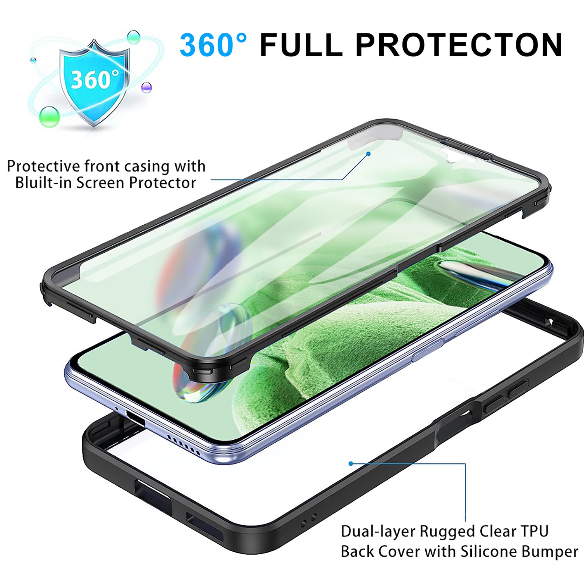 CCSamll for Xiaomi Redmi Note 12 5G Clear Case with Screen Protector, Slim Shockproof Soft TPU Bumper Full Body Protection Phone Cover Case for Xiaomi Redmi Note 12 5G/ Poco X5 QC Black