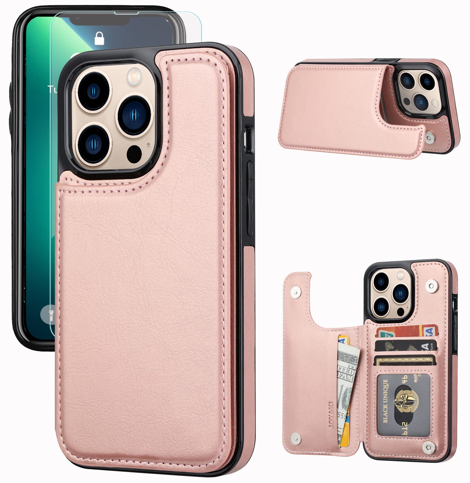 JOYAKI Wallet Case Compatible with iPhone 13 Pro Max,Slim Protective case with Card Holder,PU Leather Kickstand Card Slots Case with a Free Screen Protective Glass for iPhone 13 Promax(6.7")-Rose Gold