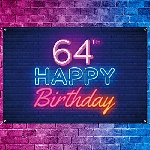 Glow Neon Happy 64th Birthday Backdrop Banner Decor Black – Colorful Glowing 64 Years Old Birthday Party Theme Decorations for Men Women Supplies