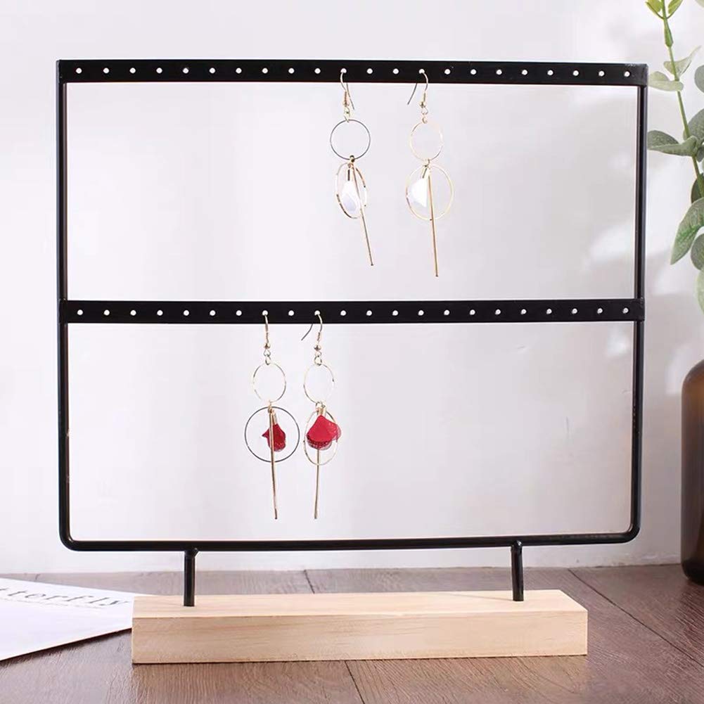 lemonadeus Earrings Organizer Jewelry Display Wood Stand (44 Holes 2 Layers) (Black)