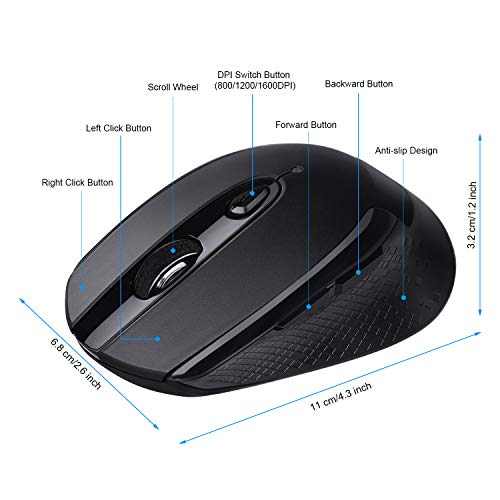 cimetech Wireless Mouse, 2.4G Computer Ergonomic Optical Mouse, 6 Buttons, Silent Mouse with USB Receiver and 3 Adjustable DPI Computer Mouse for Laptop, Desktop, Mac, PC - Black