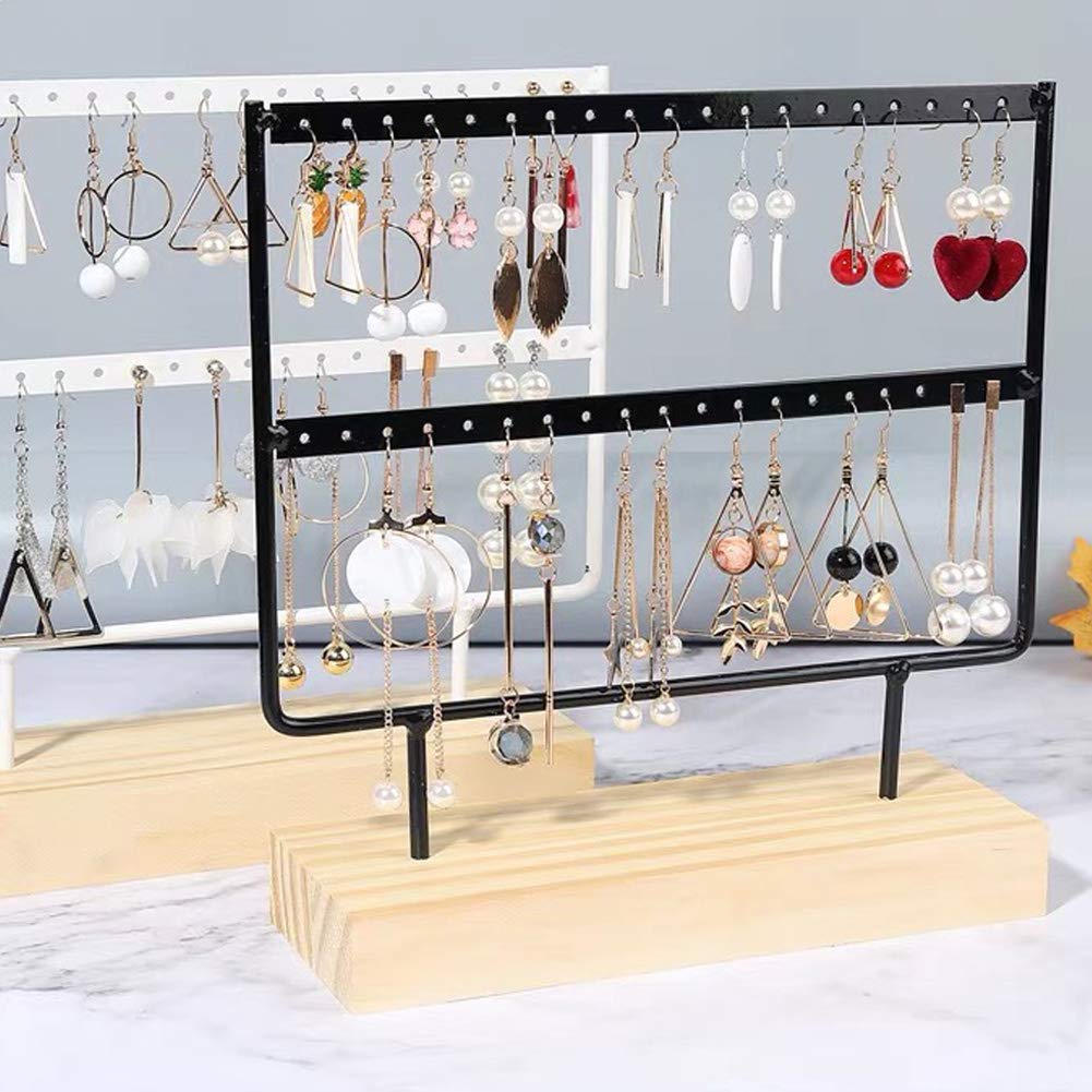 lemonadeus Earrings Organizer Jewelry Display Wood Stand (44 Holes 2 Layers) (Black)