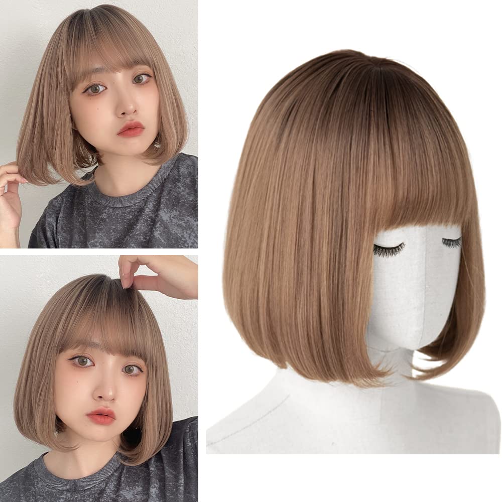 ブライトララ BRIGHT LELE Nature Full Short Straight Bob Hair With Natural Bangs Wigs for Woman Synthetic Hair Wig for Daily Party Cosplay Wig HF1443-RC