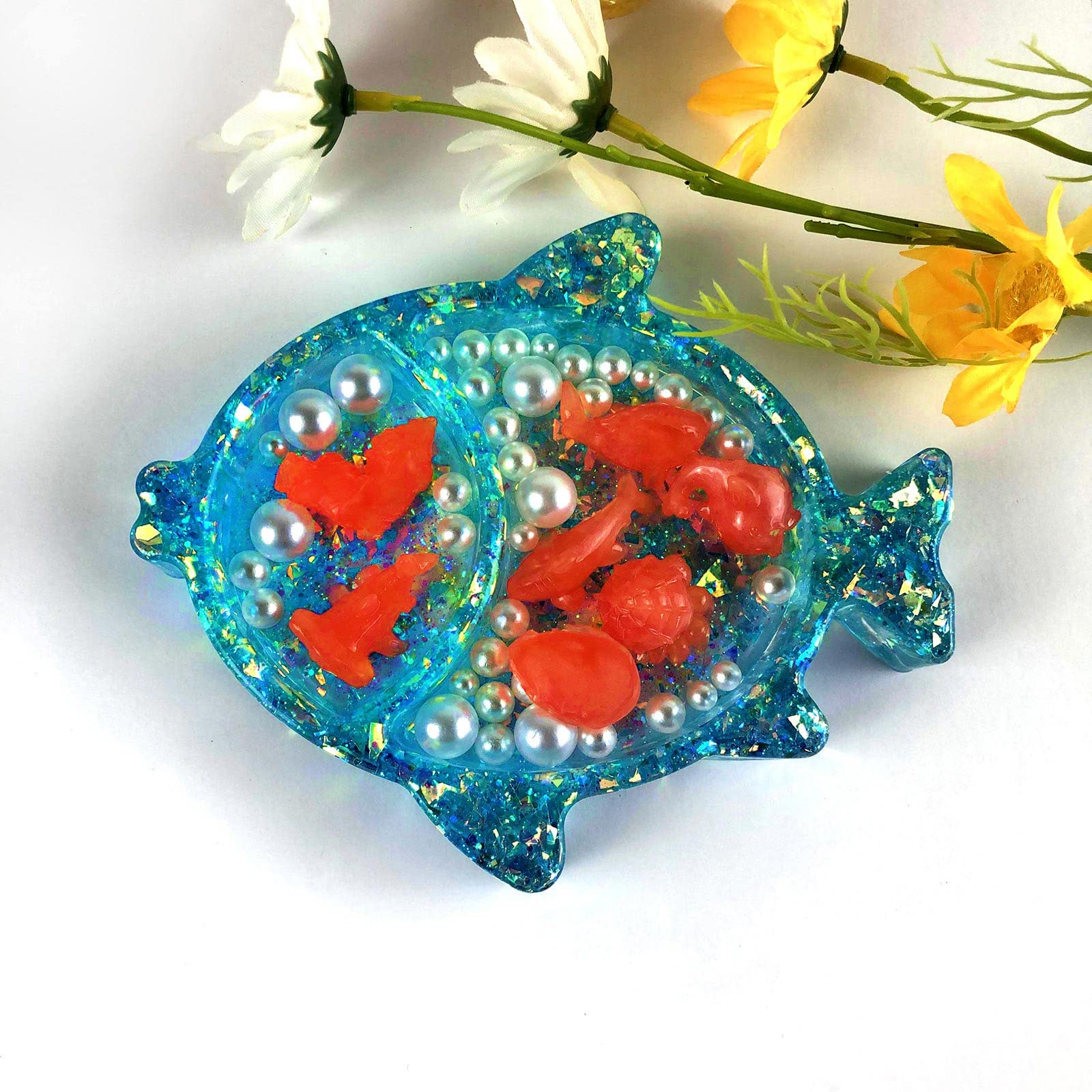 4 PCS Jewelry Tray Resin Mold,Flower Heart Fish Owl Tray Silicone Mold,Jewelry Storage Box Resin Casting Mold for DIY Epoxy Crafts