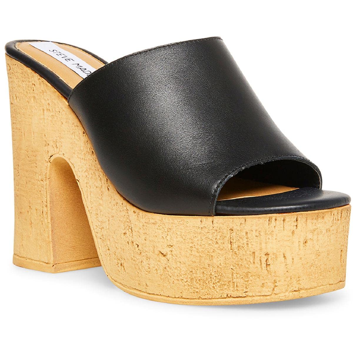 Steve Madden Womens Mardi Leather Cork Platform Sandals Black 9 Medium (B,M)