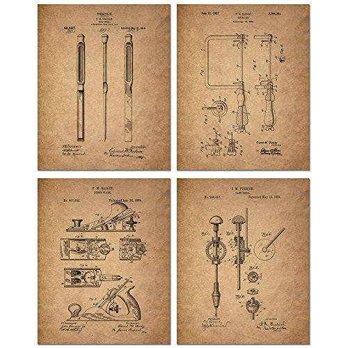 BigWig Prints Woodworking Patent Prints - Vintage Woodworking Posters, Rustic Wall Art, Wood Carving Room Decor, Patent Pictures for Craftsmen, Home or Workshop Decor - Unframed Set of 4 (8x10)