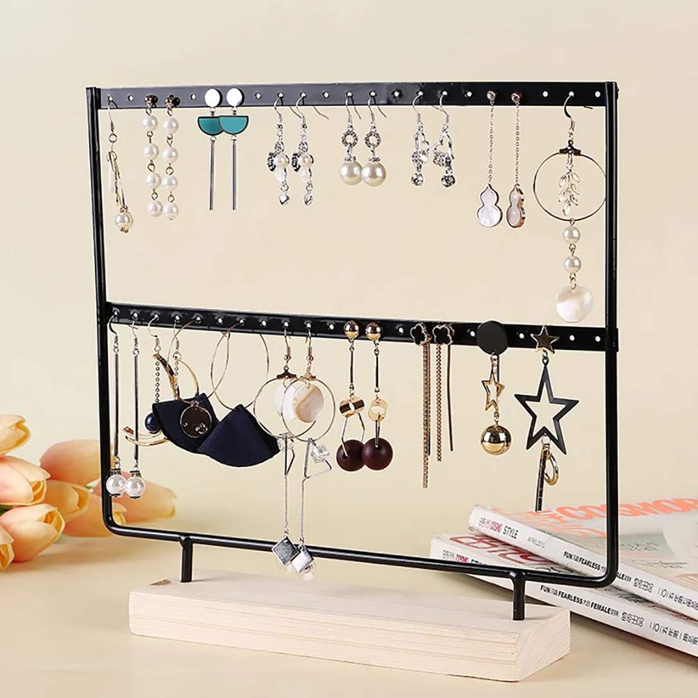 lemonadeus Earrings Organizer Jewelry Display Wood Stand (44 Holes 2 Layers) (Black)