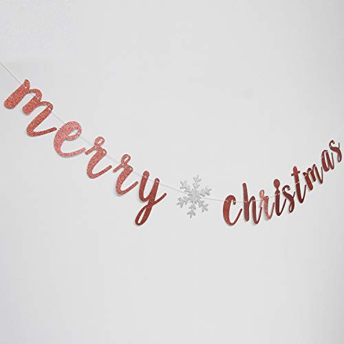 Rose Gold Glitter Merry Christmas Banner-Great for Christmas Party Decor- Holiday Home Mantle Fireplace Party Decorations