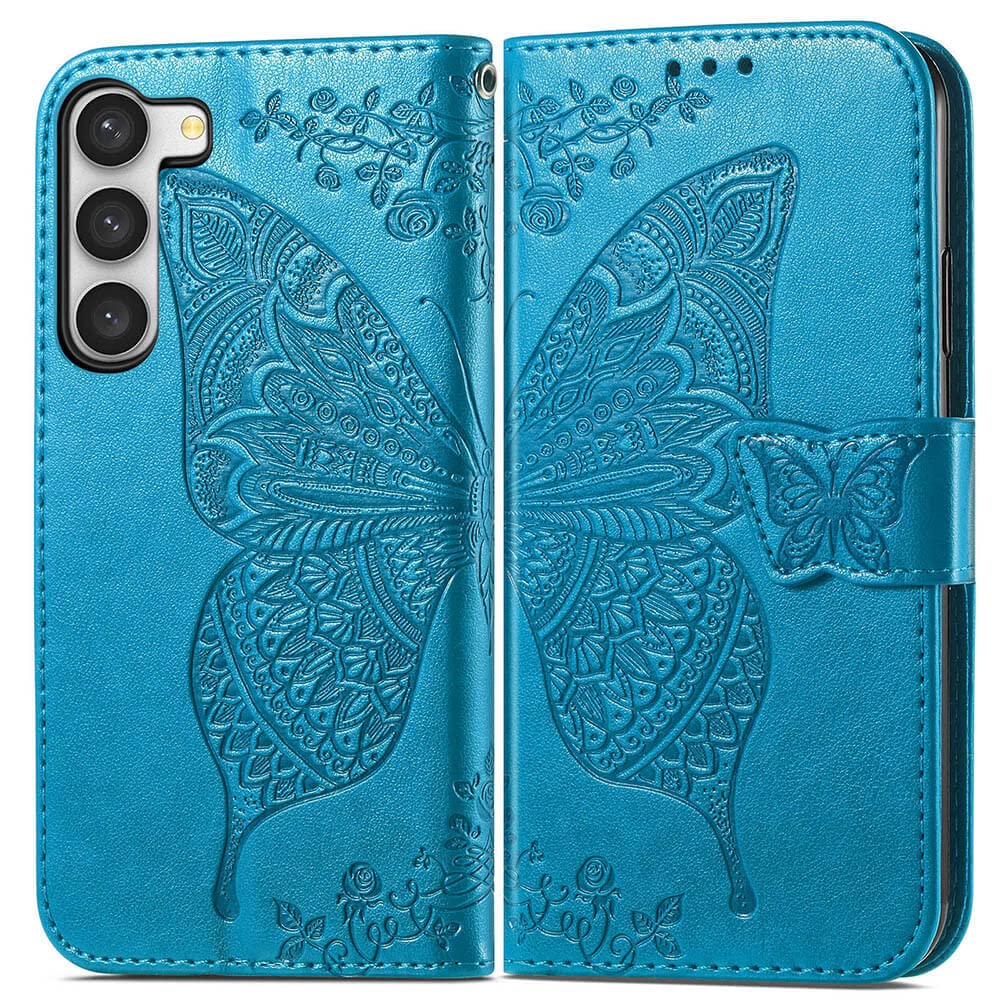 KRHGEIK for Samsung Galaxy S23 5G Case Wallet,Women Flip Folio Cover with Butterfly Embossed PU Leather Kickstand Credit Card Holders Slots Wrist Strap Phone Case 6.1" (Blue)
