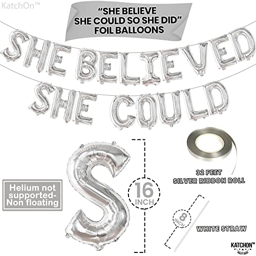 XtraLarge, She Believed She Could So She Did Banner - 16 Inch, Silver Graduation Banner | Graduation Party Decorations 2023 | Metallic Silver Congrats Grad Banner for Graduation Party Supplies 2023