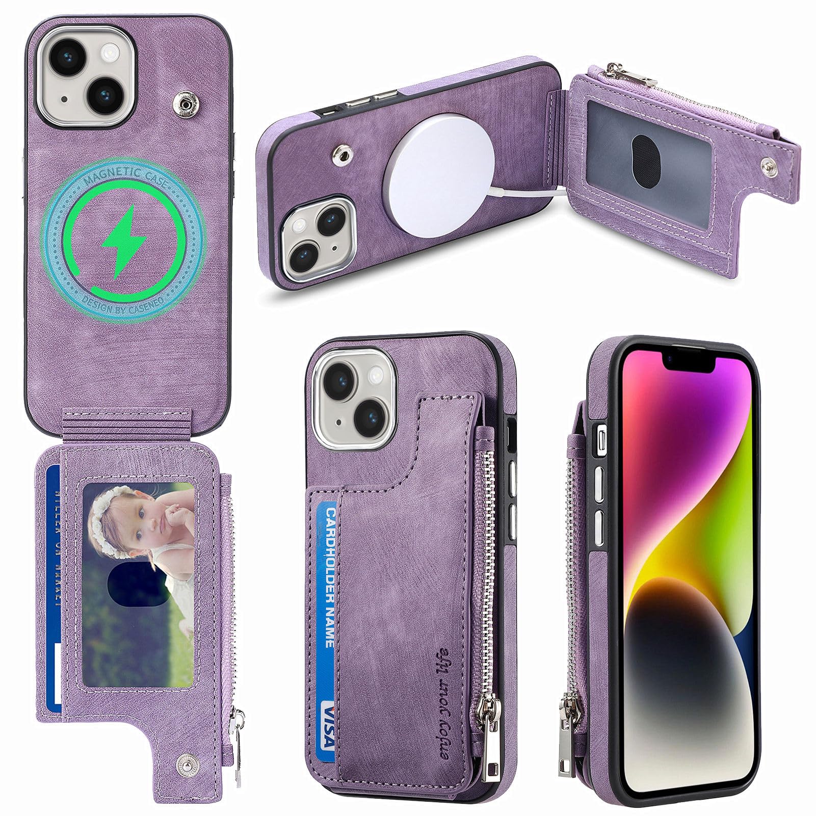 Wallet Case for iPhone 13 6.1 inch with MagSafe Magnetic RFID Blocking and Credit Card Holder Kickstand Wireless Charging Leather Zipper Phone Cover for iPhone13 5G i i-Phone i13 iPhone13case Purple