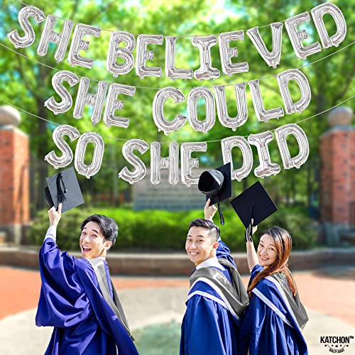 XtraLarge, She Believed She Could So She Did Banner - 16 Inch, Silver Graduation Banner | Graduation Party Decorations 2023 | Metallic Silver Congrats Grad Banner for Graduation Party Supplies 2023