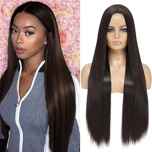 Long Straight Highlights wig Middle Part Natural hairline Synthetic Wigs for Women 24 Inch Heat Resistant Fibre for Daily Party Use(Dark Brown Mixed Brown)