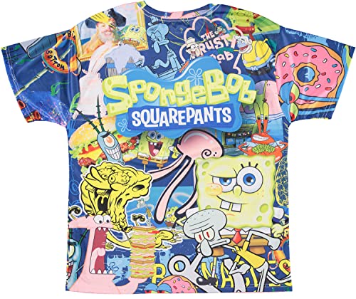 Mens Spongebob Squarepants Classic Shirt - Spongebob, Patrick & Krusty Krab Sublimated Allover T-Shirt (White, Medium)