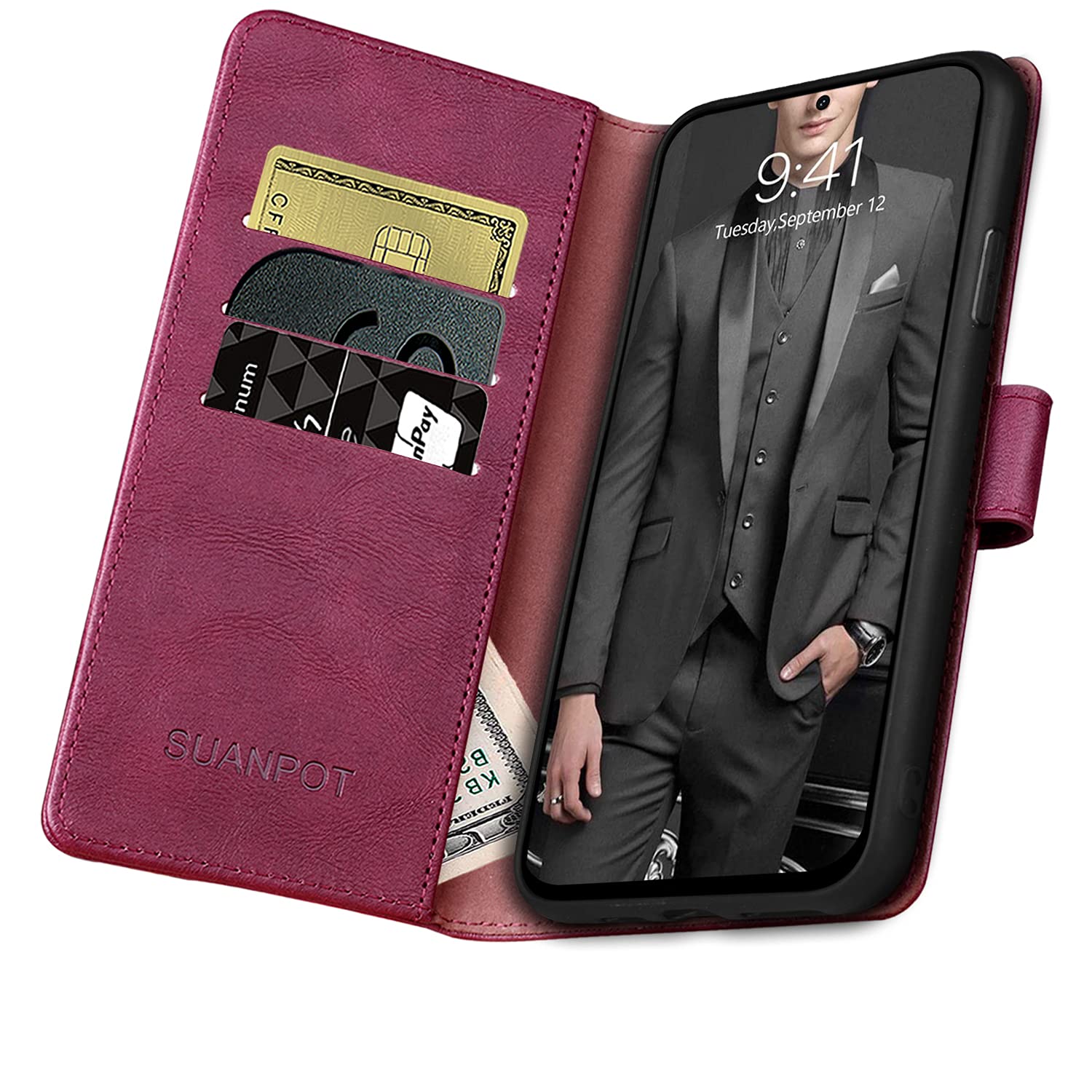 SUANPOT for Samsung Galaxy S21+/S21 Plus 6.7"(Non S21 6.2") with RFID Blocking Leather Wallet case Credit Card Holder, Flip Folio Book Phone case Shockproof Cover Women Men for S21 Plus case Wine Red