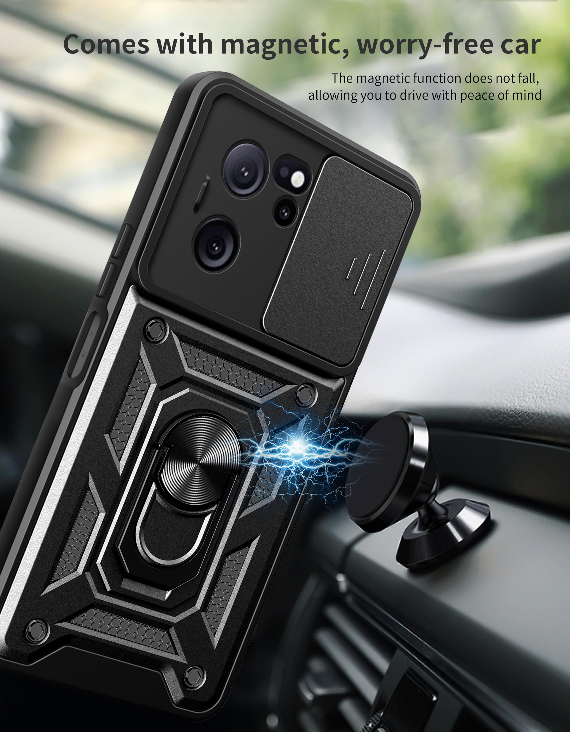 Kainevy for Xiaomi 13T Pro Case Heavy Duty with Camera Protective Cover Xiaomi 13T Pro Case Shockproof with Ring Magnetic Stand Black Aesthetic Cool for Men Boys Durable Case (Black)