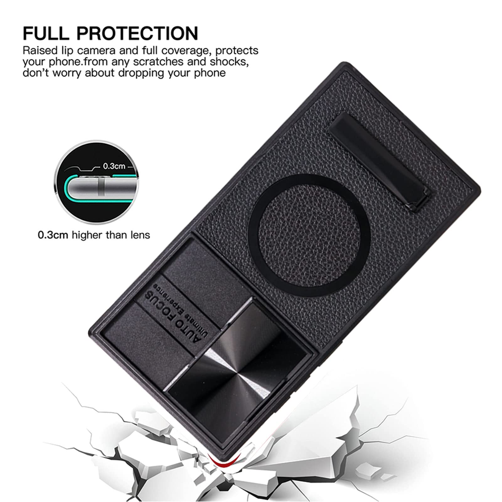 KUGEW for Samsung Galaxy S23 Ultra Case with Kickstand & Camera Cover, 3-Way Metal Stand[Horizontal & Vertical Stand] Luxury Leather Back Slim Fit Rugged Bumper Cover Heavy Duty Shockproof (Black)